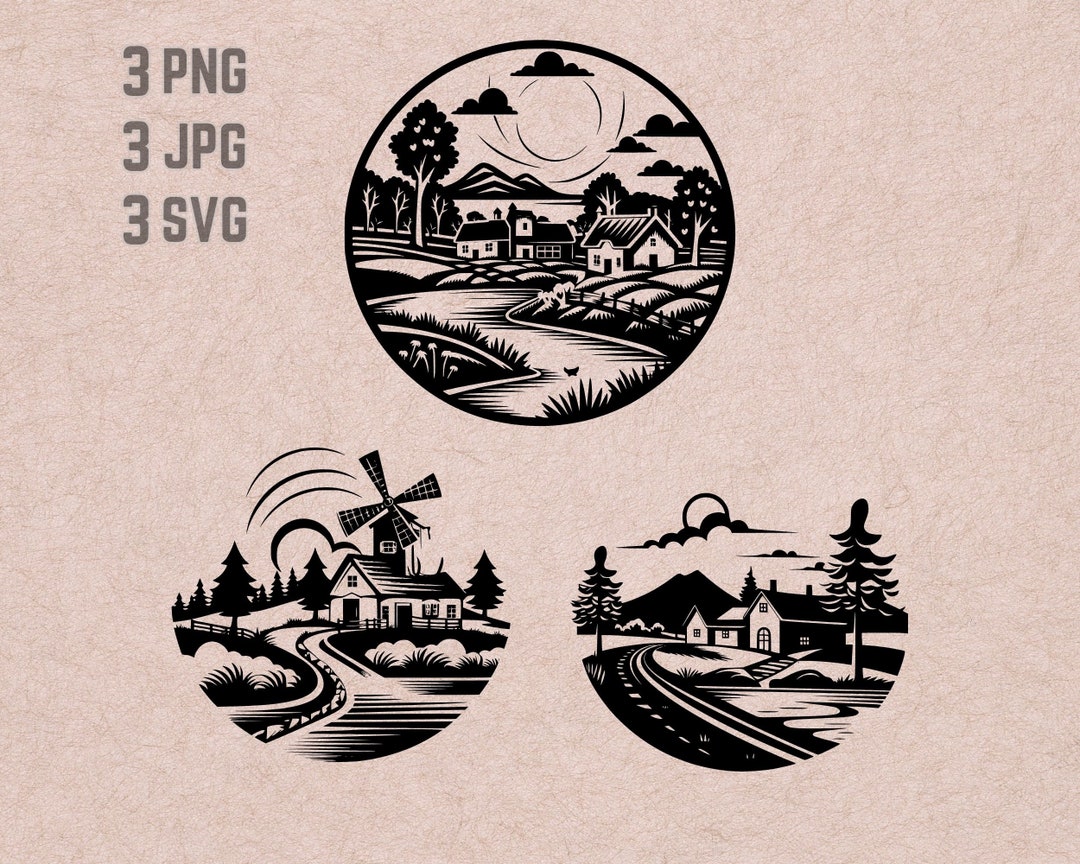 Countryside SVG Designs, Countryside Logo, Scenic Road Vector, Windmill ...