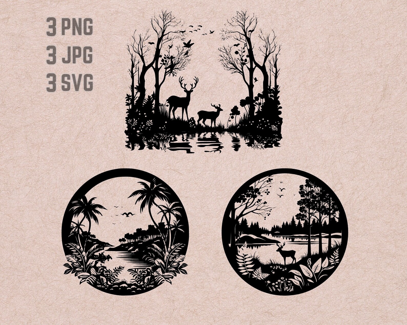Forest Landscape SVG Designs, Woodland Scene Logo, Jungle Vector, Deer ...