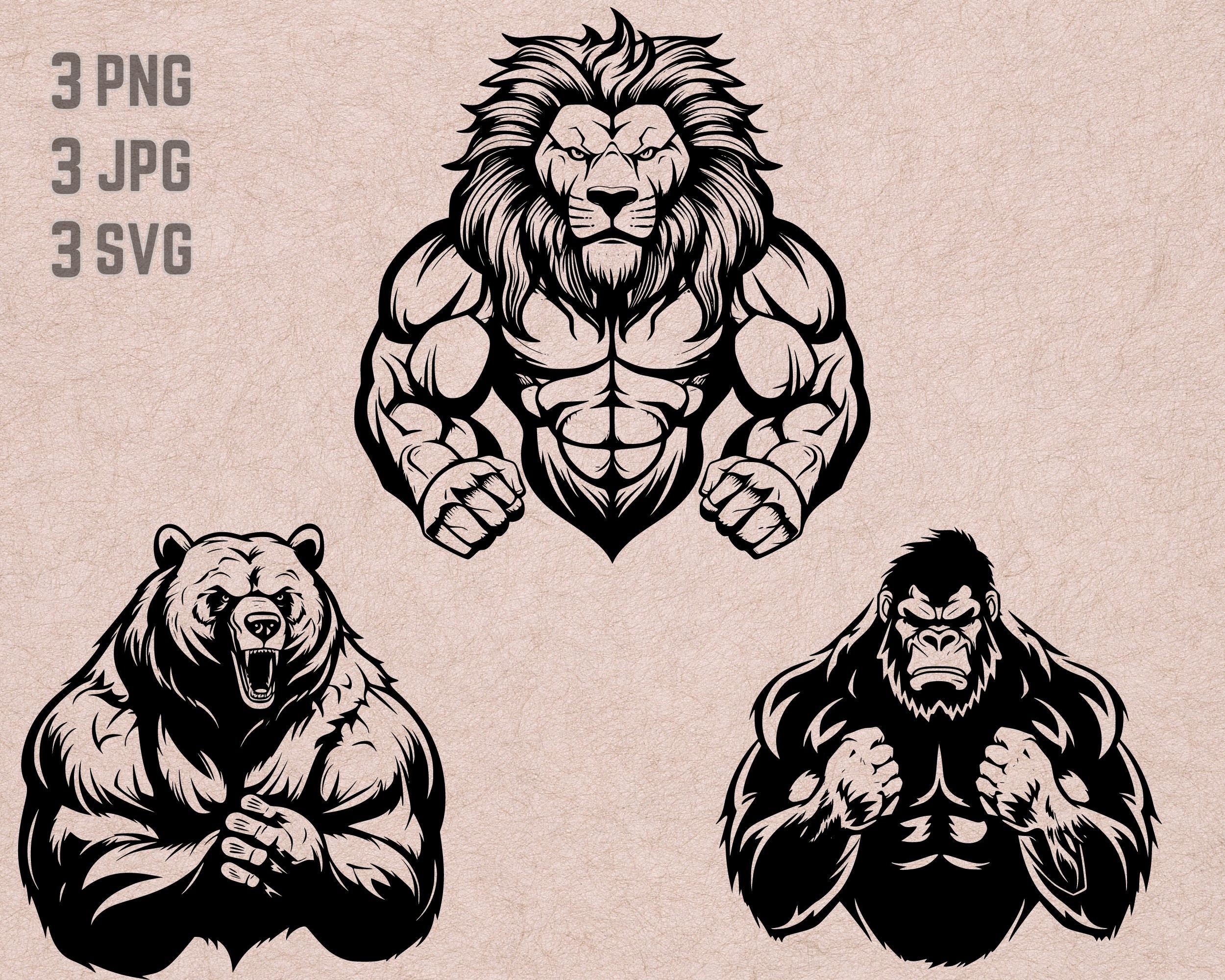 Bodybuilder Svg Designs, Gym Logo Vector, Lion Gorilla Bear Fitness PNG ...