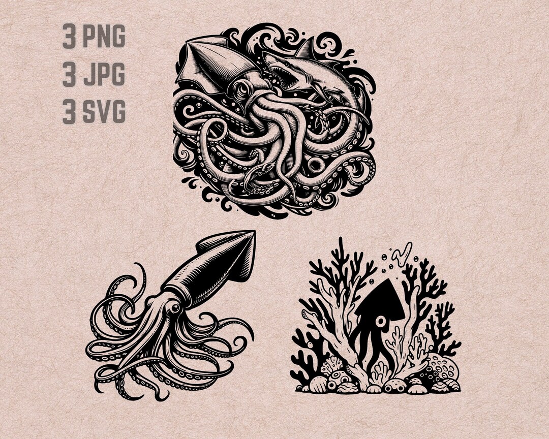 Squid Svg Designs, Giant Squid Logo, Shark PNG, Sea Creature Bundle ...