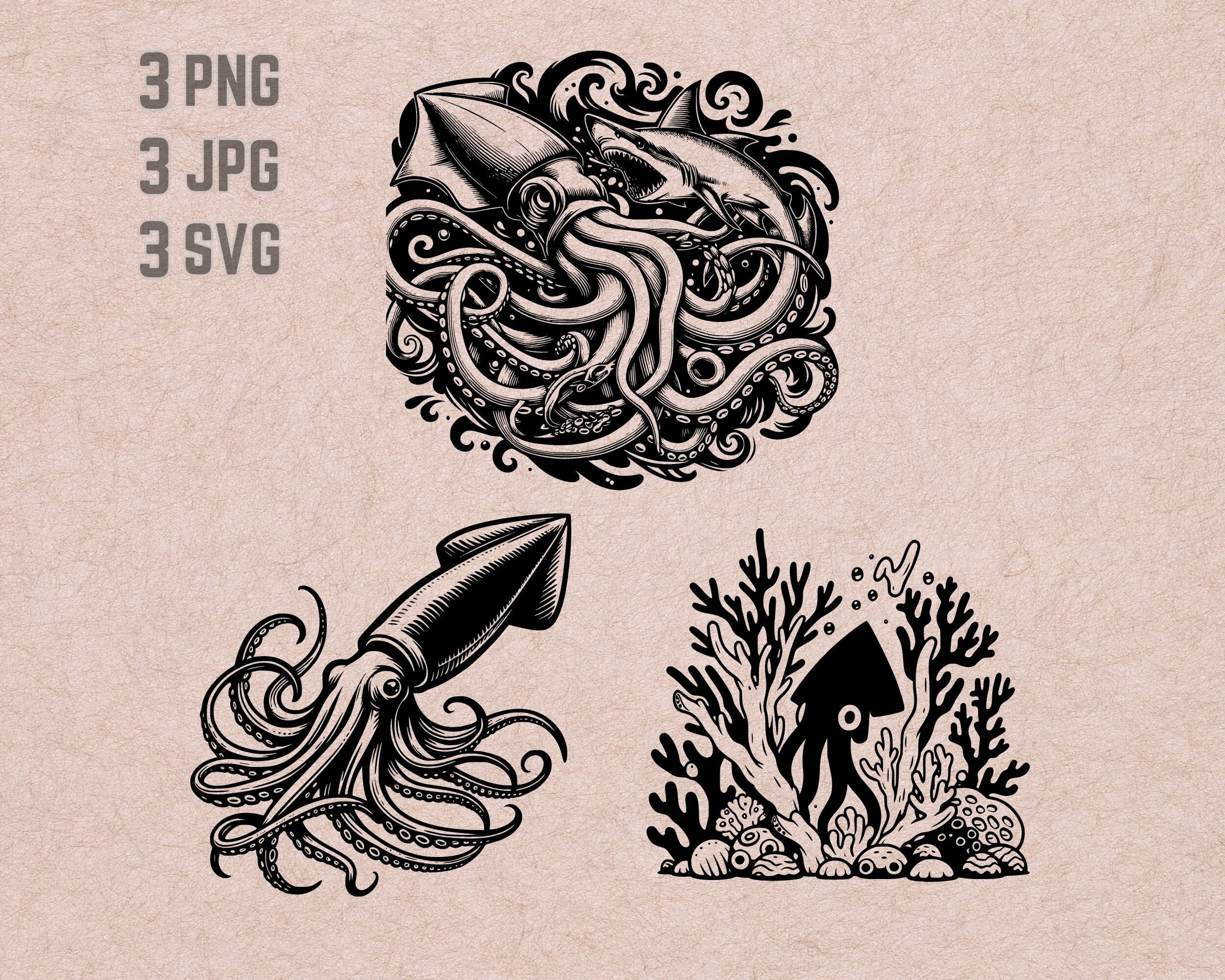 Squid Svg Designs, Giant Squid Logo, Shark PNG, Sea Creature Bundle ...