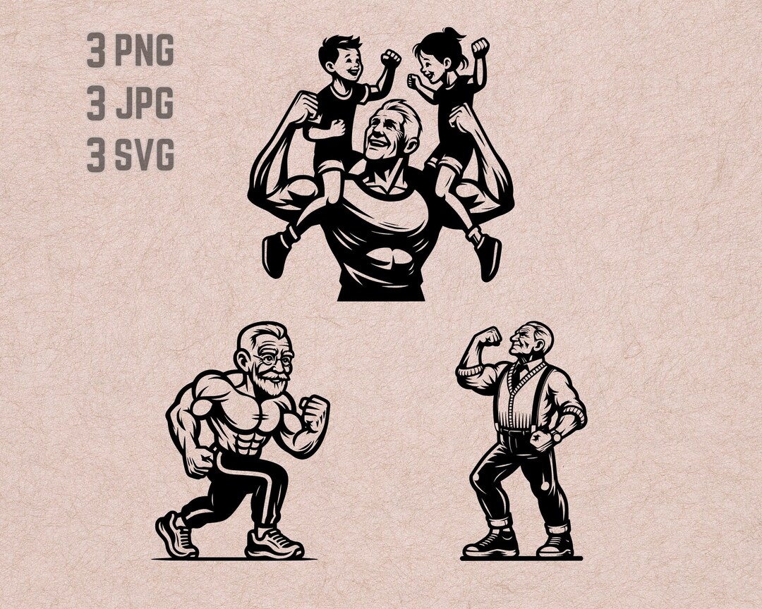 Super Grandpa SVG Designs, Strong Grandfather Logo, Fit Old Man Vector ...