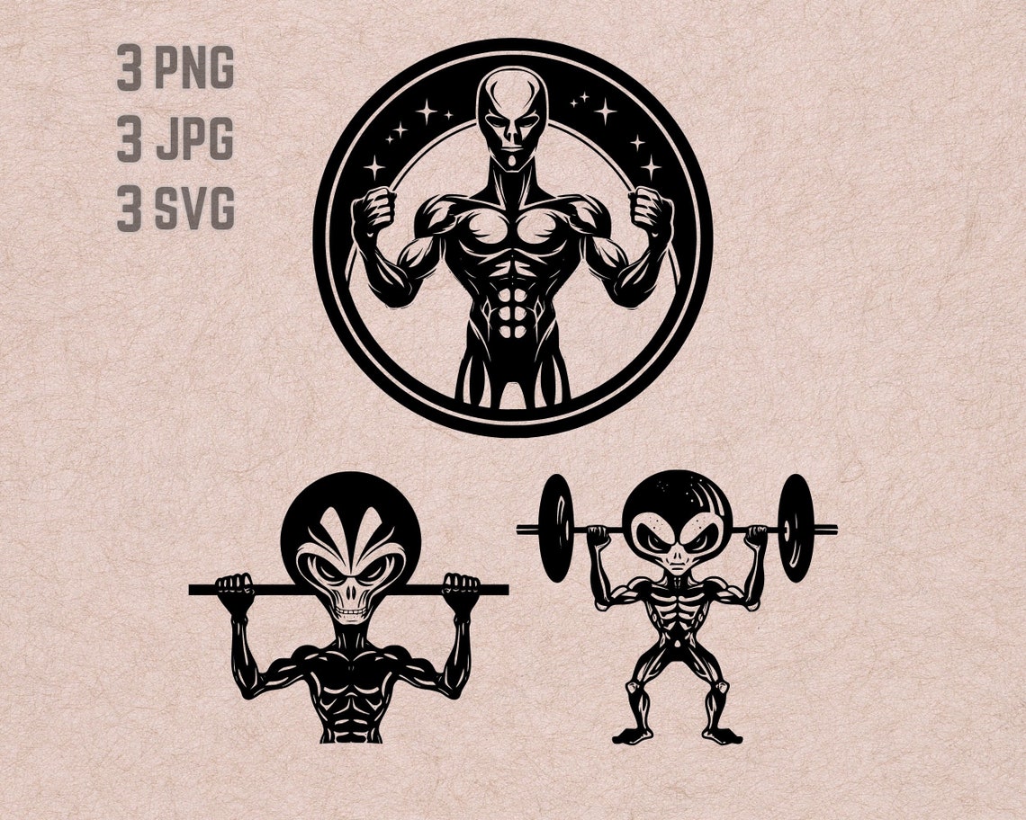 Alien Bodybuilder SVG Designs, UFO Gym Logo Vector, Powerlifter Png ...