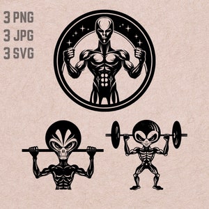 Alien Bodybuilder SVG Designs, UFO Gym Logo Vector, Powerlifter Png ...
