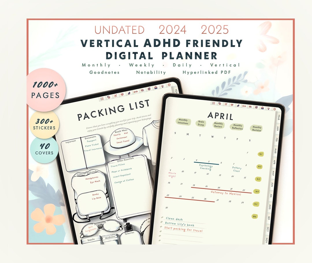 2024 2025 UNDATED ADHD Vertical Floral Digital Planner Calendar ...