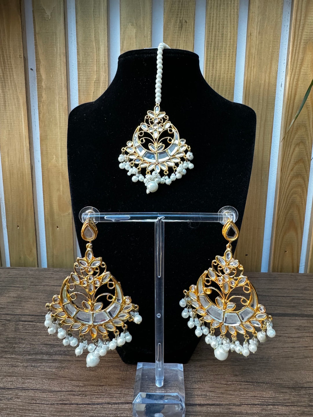 Indian Pakistani Mirror Work Kundan Delicate Earrings and Tikka Set ...