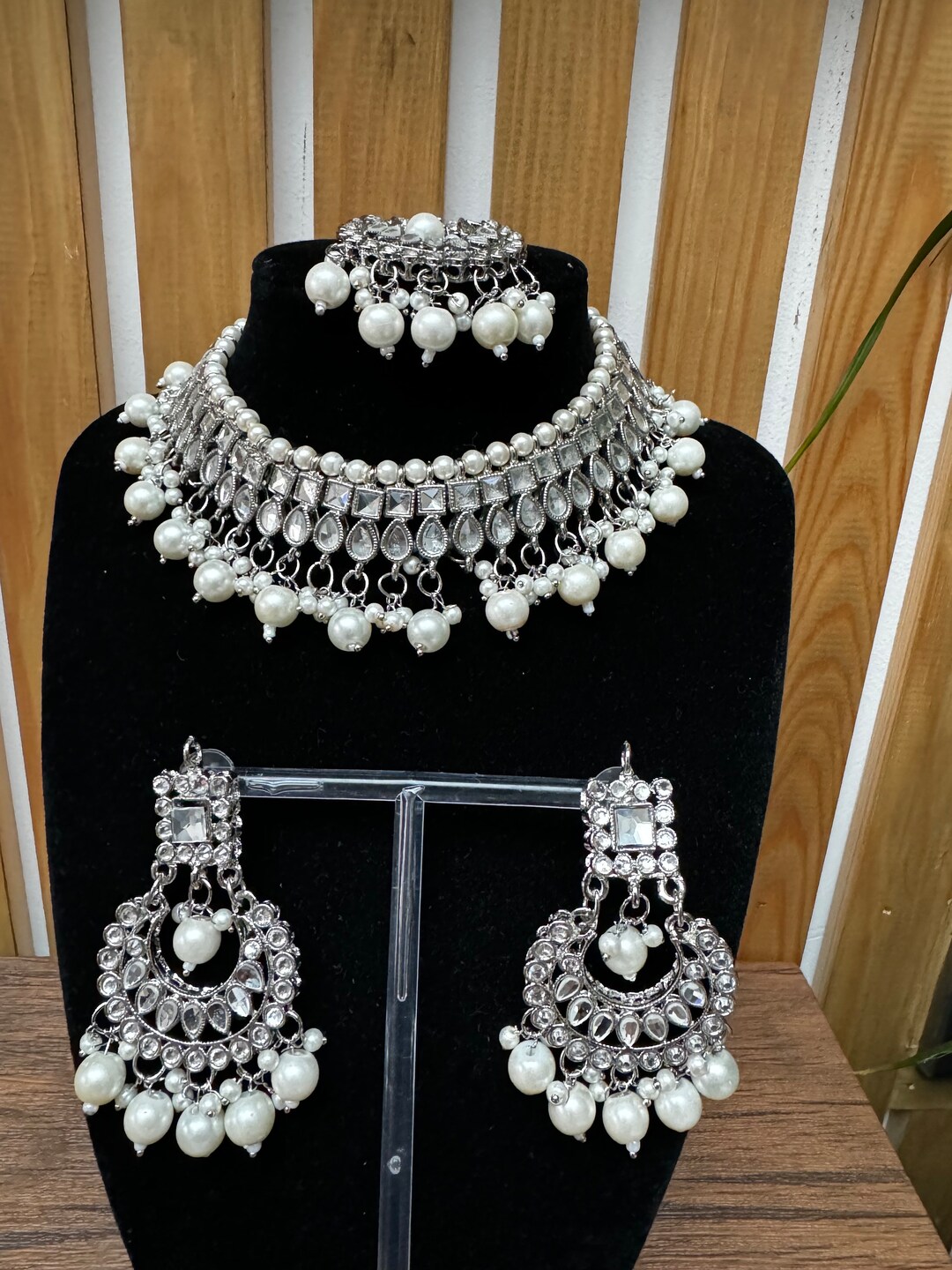 Kundan Indian Pakistani Silver Necklace Earrings Tikka Set - Etsy