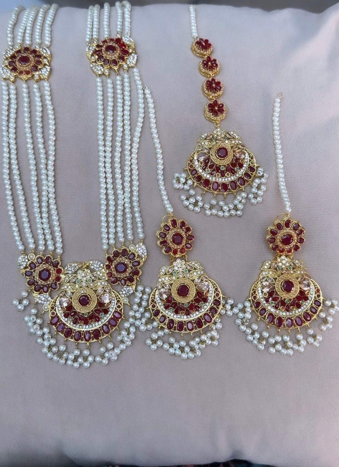 NEW Indian Pakistani Pearl Mala Full Set Gold With Ruby, Navy and Green ...