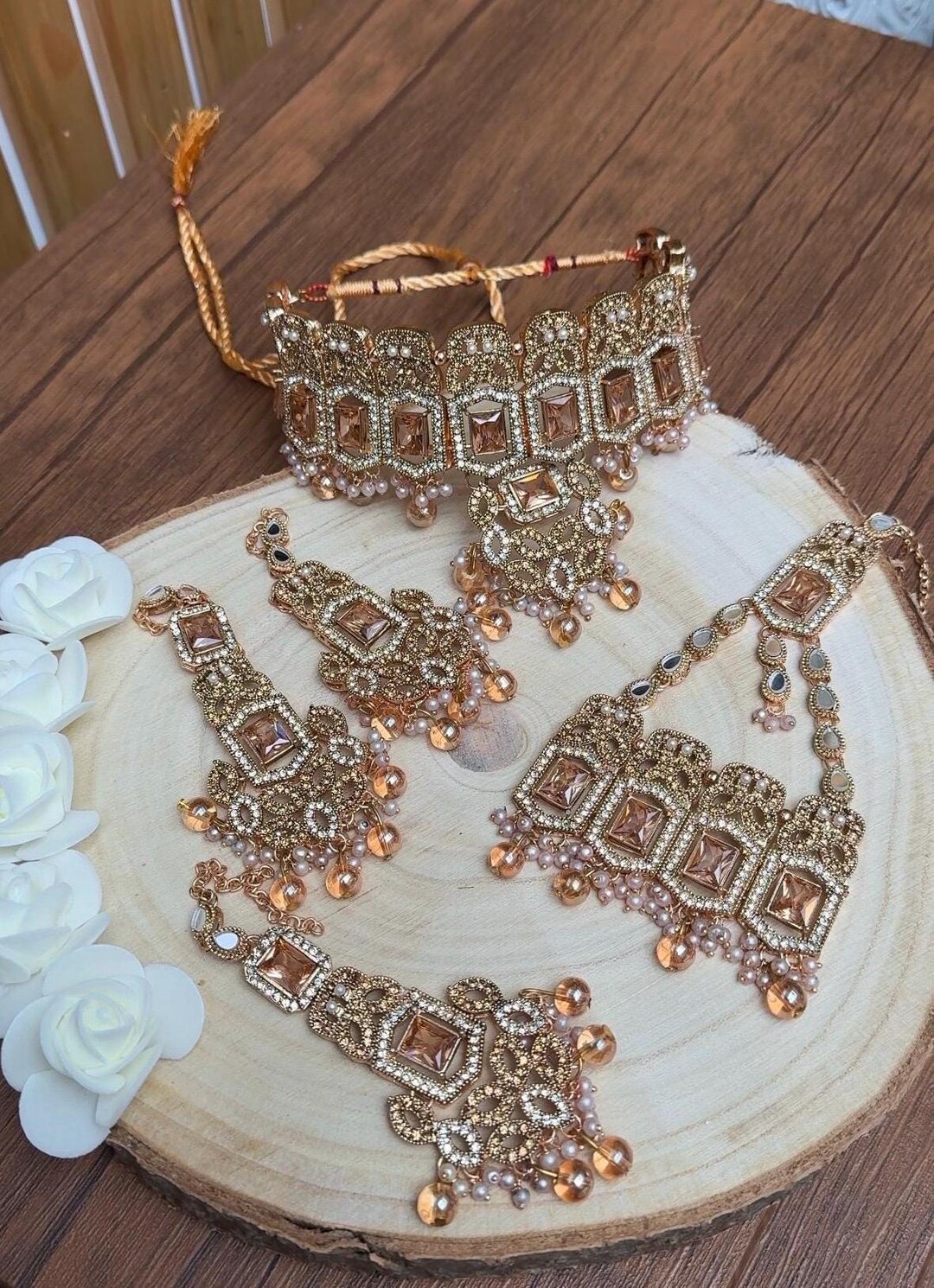 Bridal Indian Pakistani Heavy Gold and Champagne Stones Complete Bridal ...