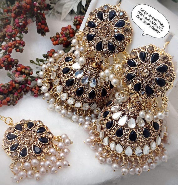 NEW Indian Pakistani Statement Oversized Jhumka Earrings and Tikka Set Black Pink and Silver Etsy