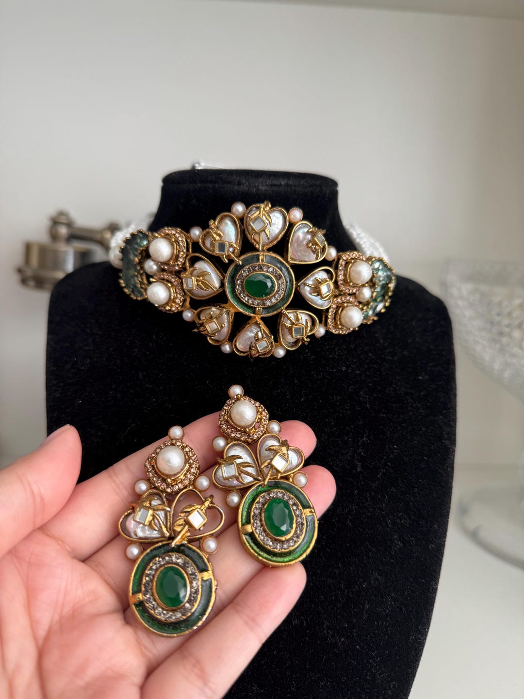 Statement Indian Pakistani Stone Statement Necklace and Earrings Set in ...