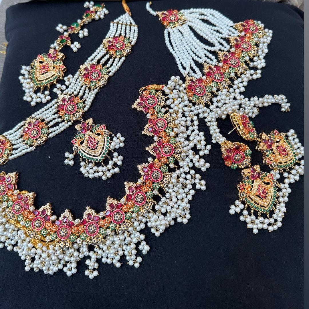 NEW! Full Pearl Bridal Nauratan Set Gold Plated - Necklace, Earrings ...