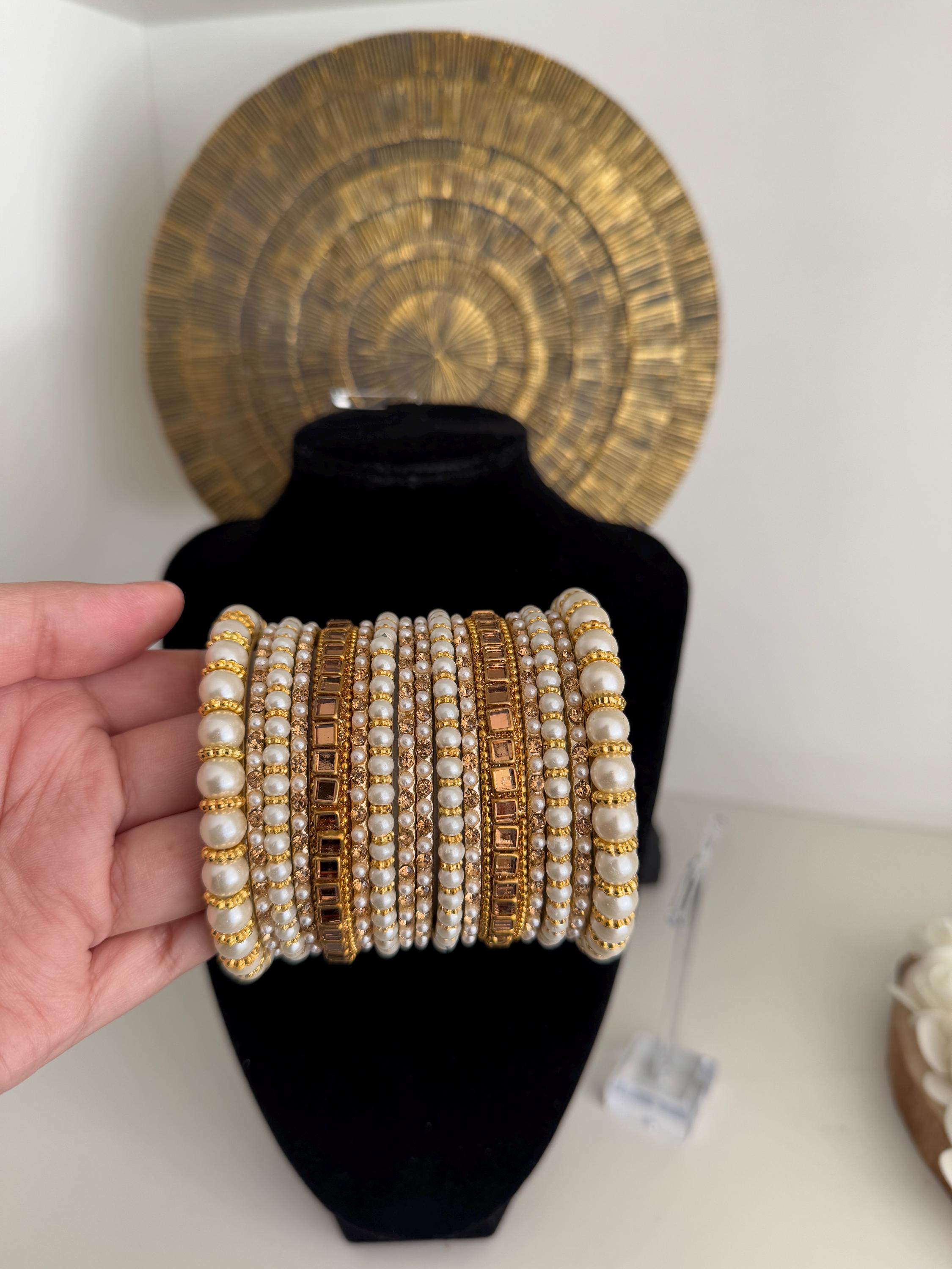 Indian Pakistani Bangles Set Mirror Work, Pearl and Gold and White ...