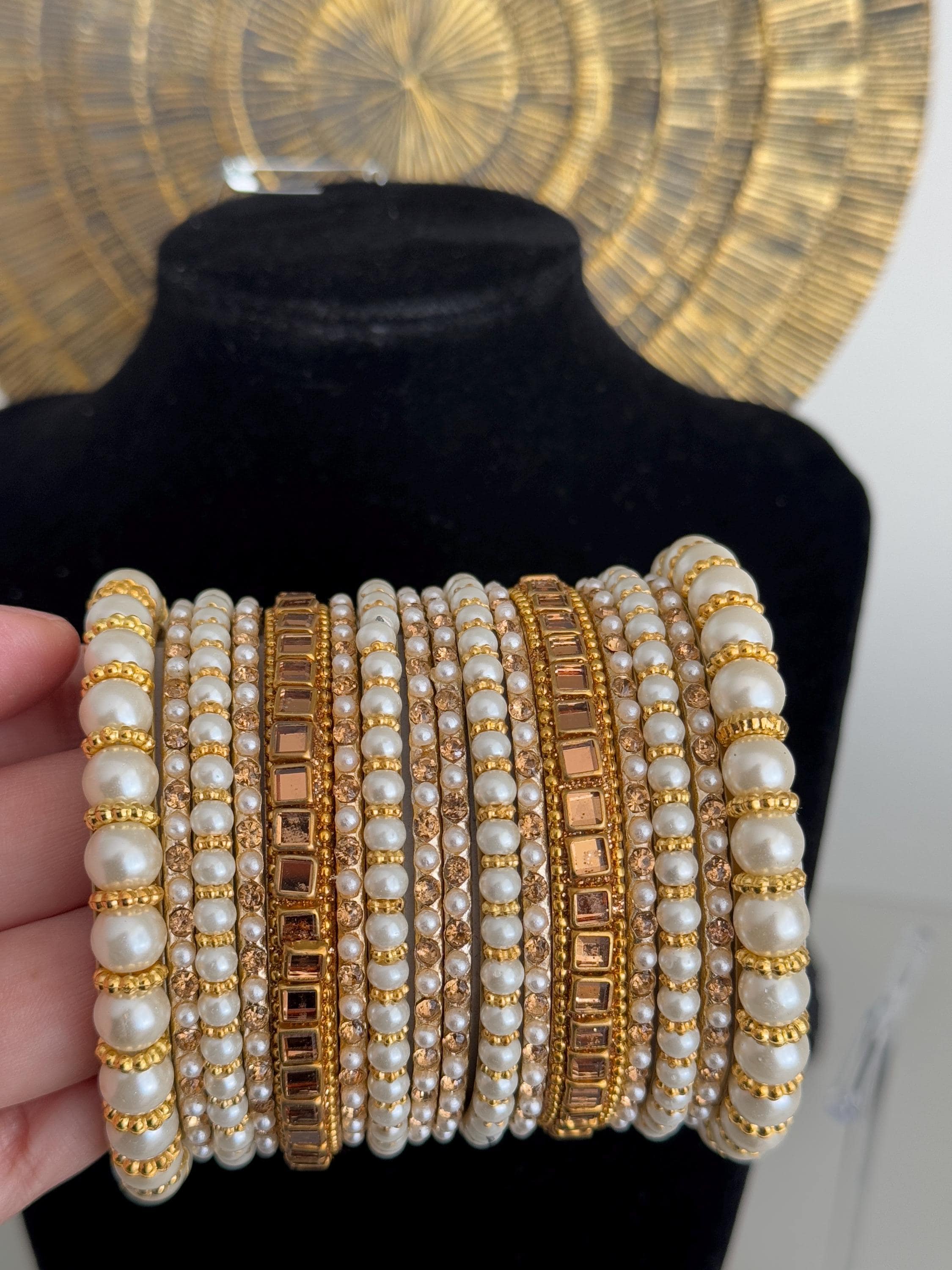 Indian Pakistani Bangles Set Mirror Work, Pearl and Gold and White ...
