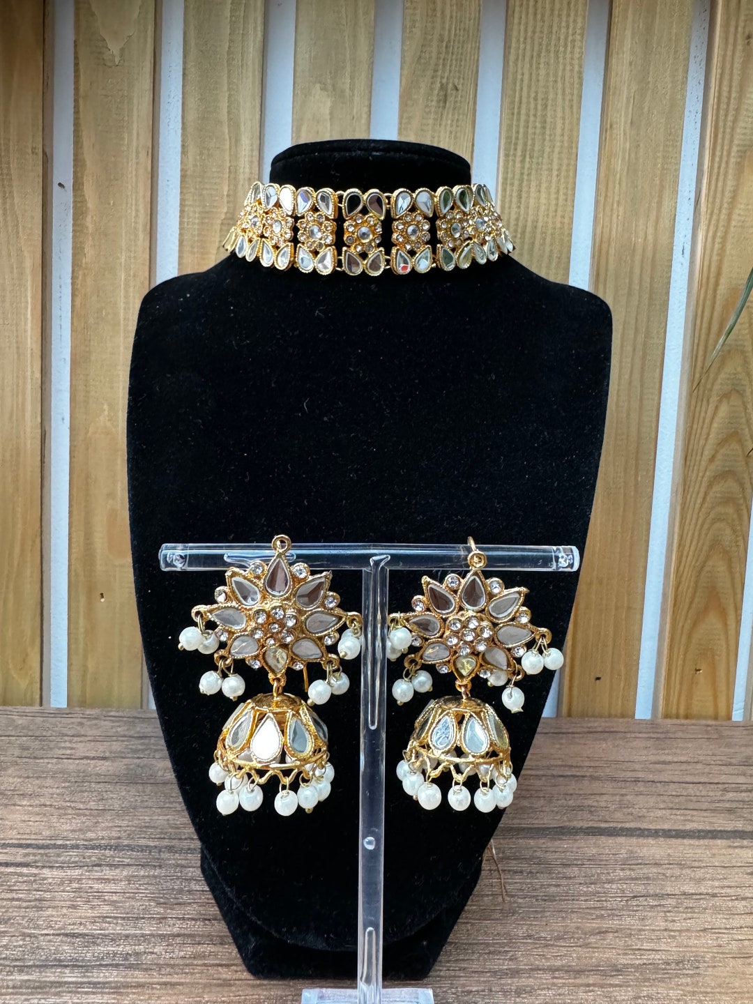 Indian Pakistani Mirror Work Statement Kundan Choker Necklace Earrings ...