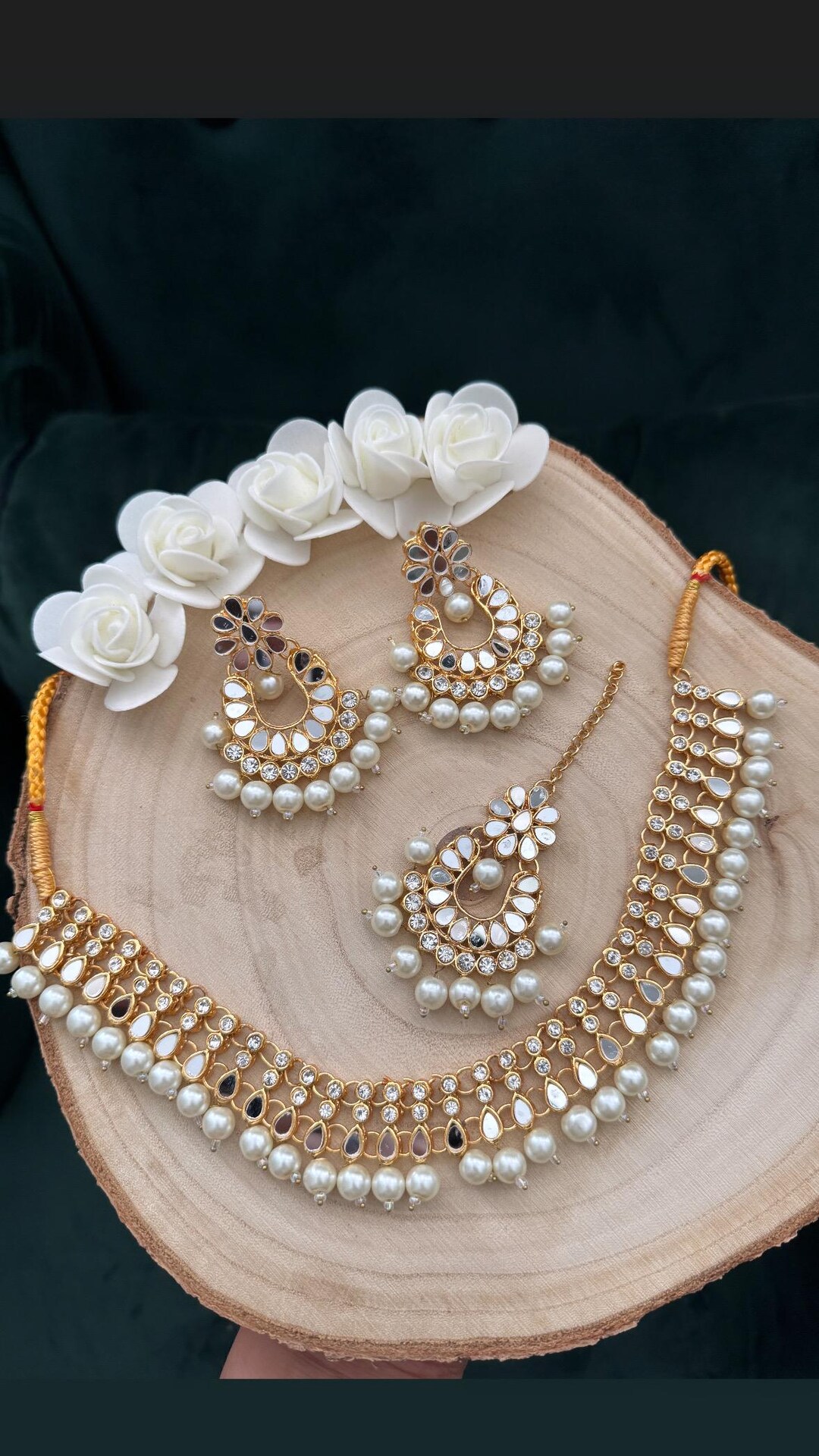 Indian Pakistani Kundan and Mirror Work Necklace Earrings and Tikka Set ...