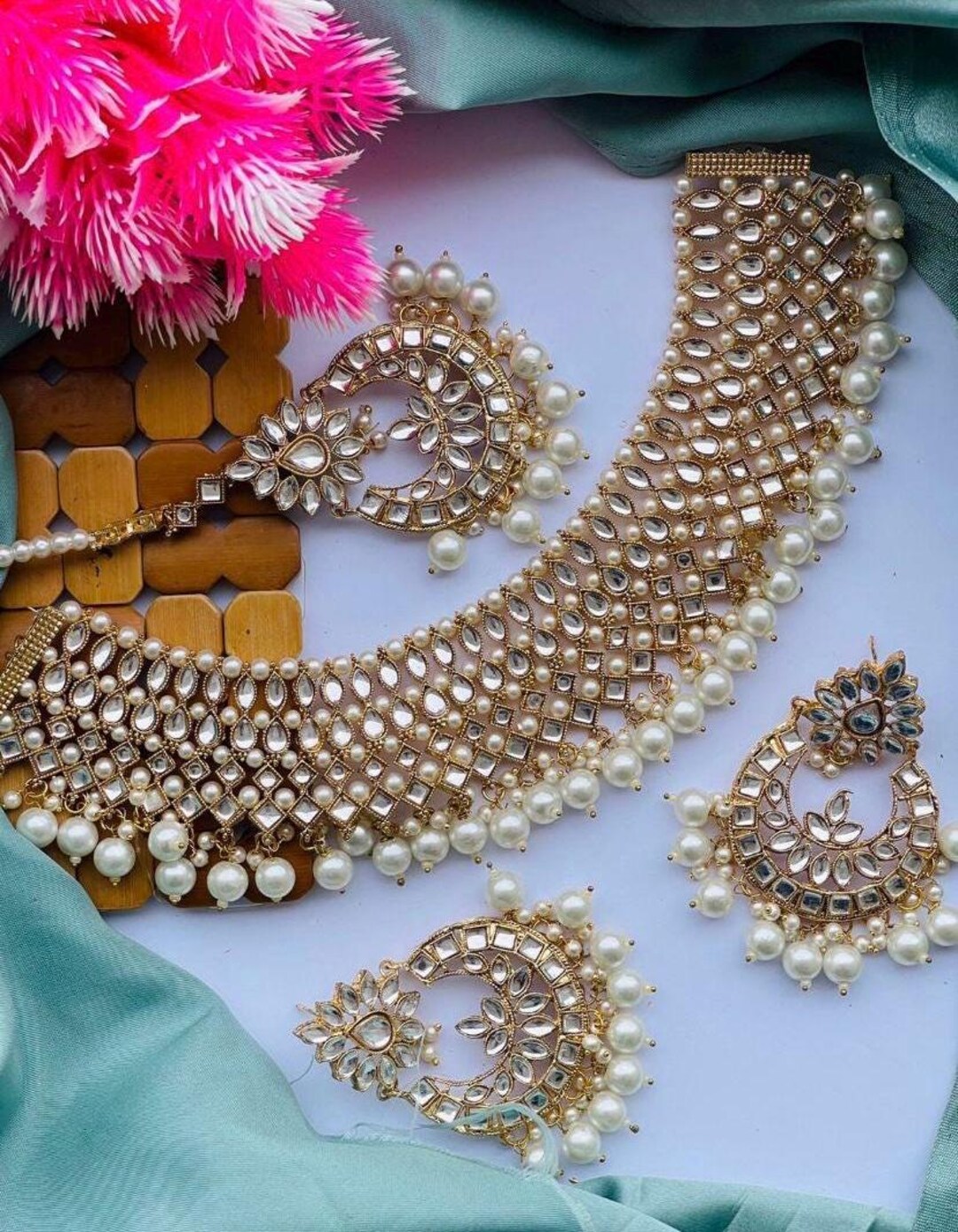 Indian Pakistani Mirror Work Statement Kundan Necklace Earrings Tikka ...