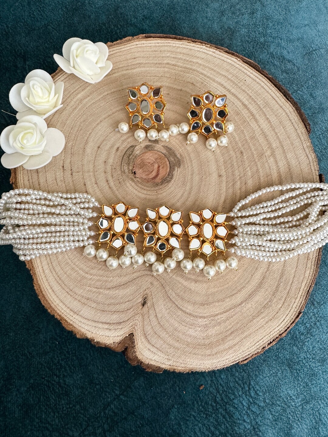 Indian Pakistani Mirror Work Statement Kundan Choker Necklace Earrings ...