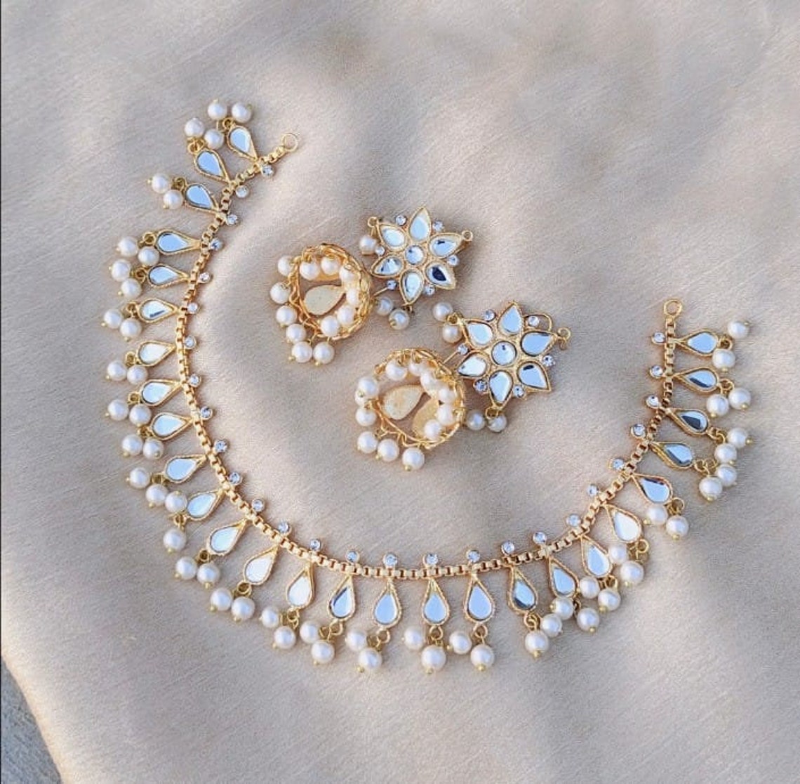 Indian Pakistani Gold Simple Kundan Mirror Work Necklace and Earrings ...