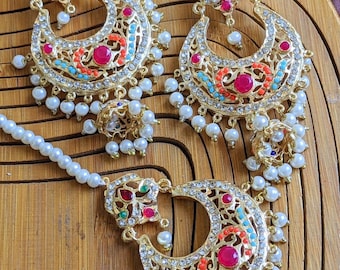 Indian Pakistani Mirror Work Statement Kundan Necklace Earrings Tikka ...