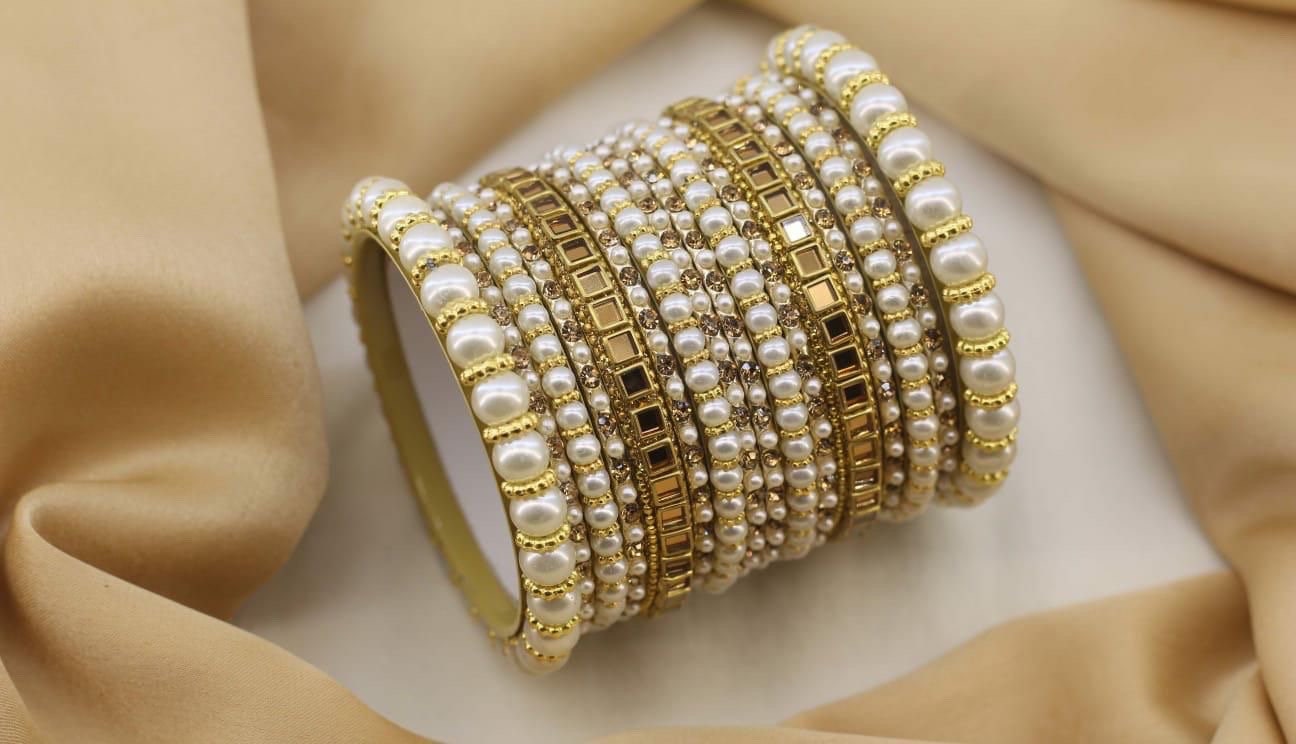 Indian Pakistani Bangles Set Mirror Work, Pearl and Gold and White ...