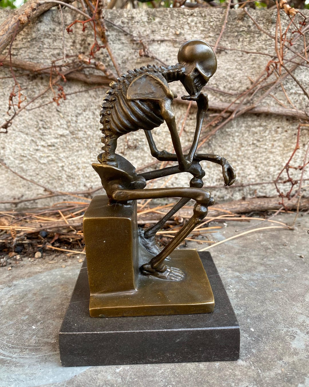 Bronze Skeleton Figurine Thoughtful Sitting Skeleton Statue, Gothic ...