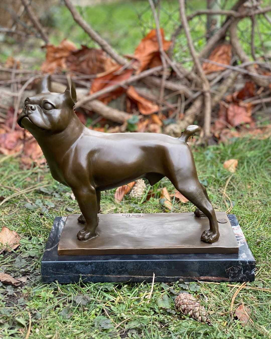 Bronze Statue of French Bulldog Marble Plinth Dog Pet Lover Decoration ...