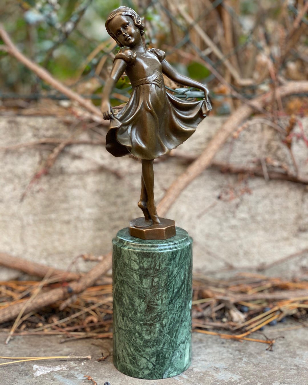 Bronze Statue Girl in Dress Handmade Decorative Figurine, Marble Base ...