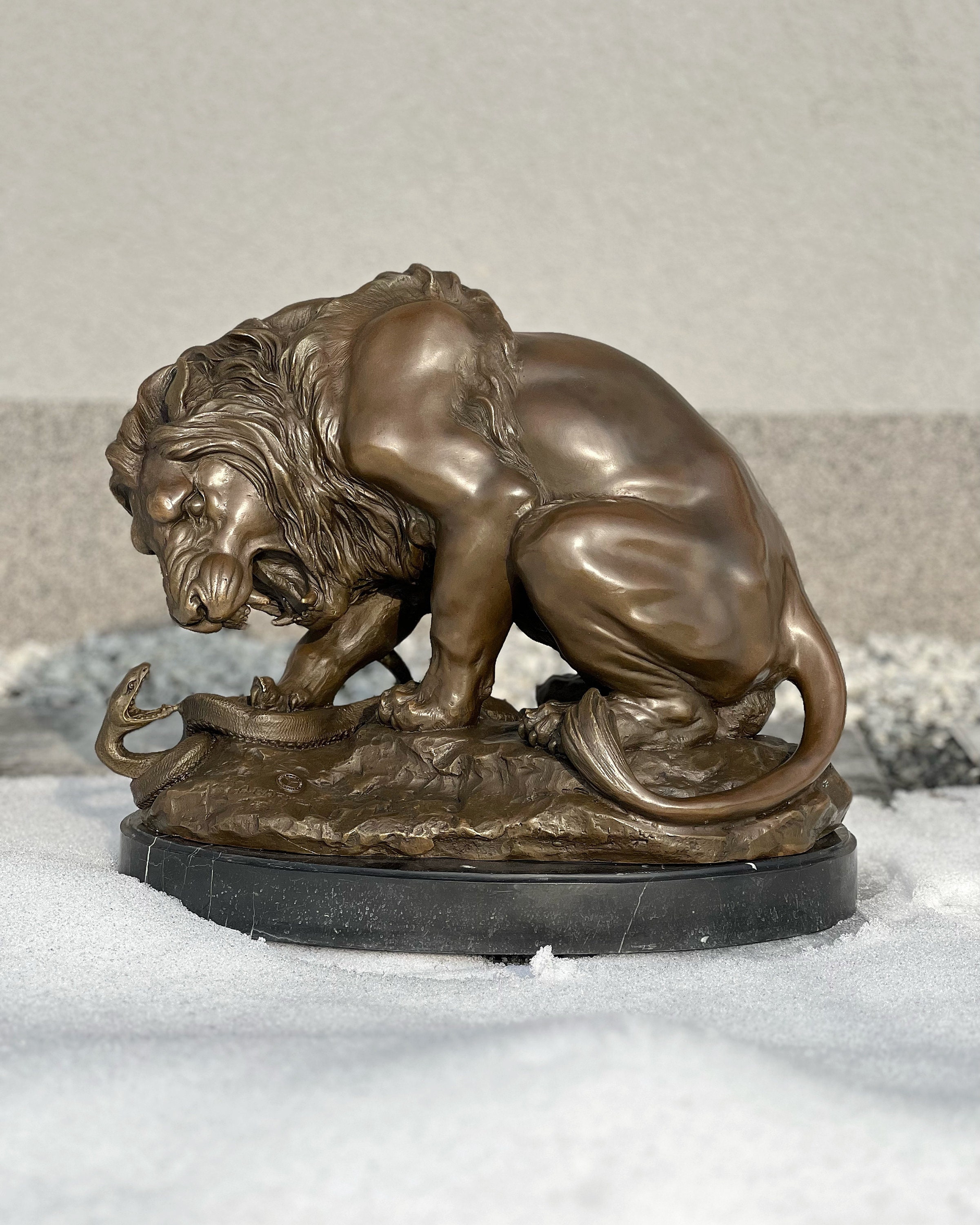 Bronze Statue of a Lion and Snake on Marble Plinth Wild Animal ...