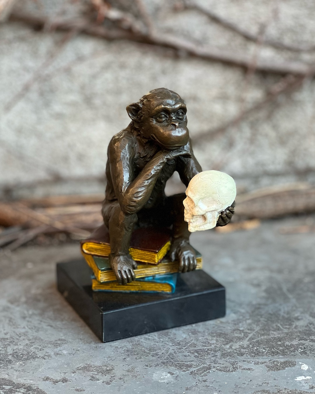 Bronze Statue of Monkey Ape With Skull Thinker Decoration Modern Art - Etsy