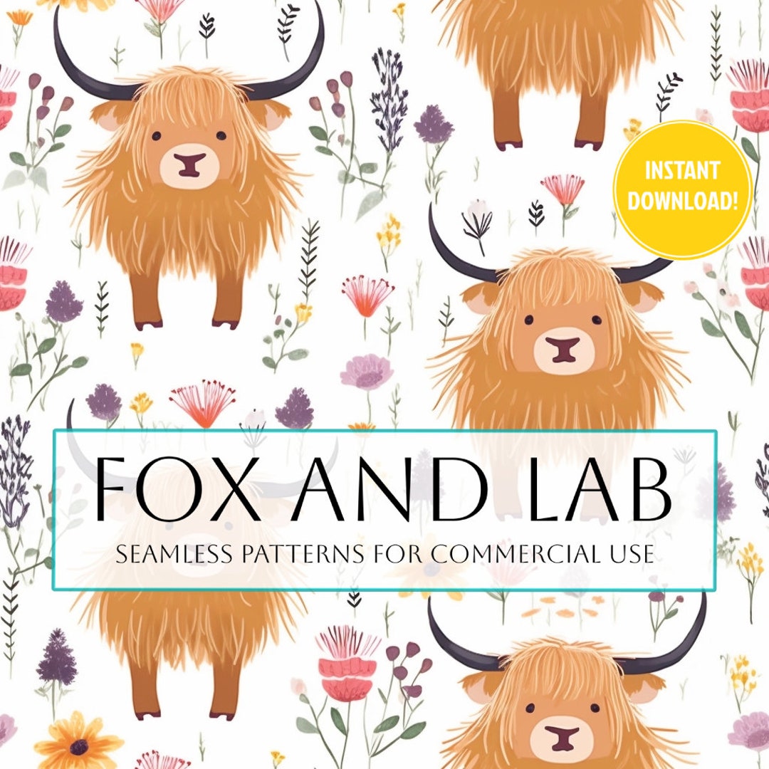 Highland Cow Seamless Pattern, Cartoon, Cow Repeat Pattern, Flower ...