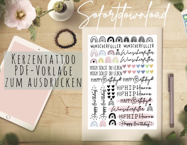 Geburtstag PDF Vorlage Kerzentattoo Kerzensticker Kerzen Hip Hip Hurra ...