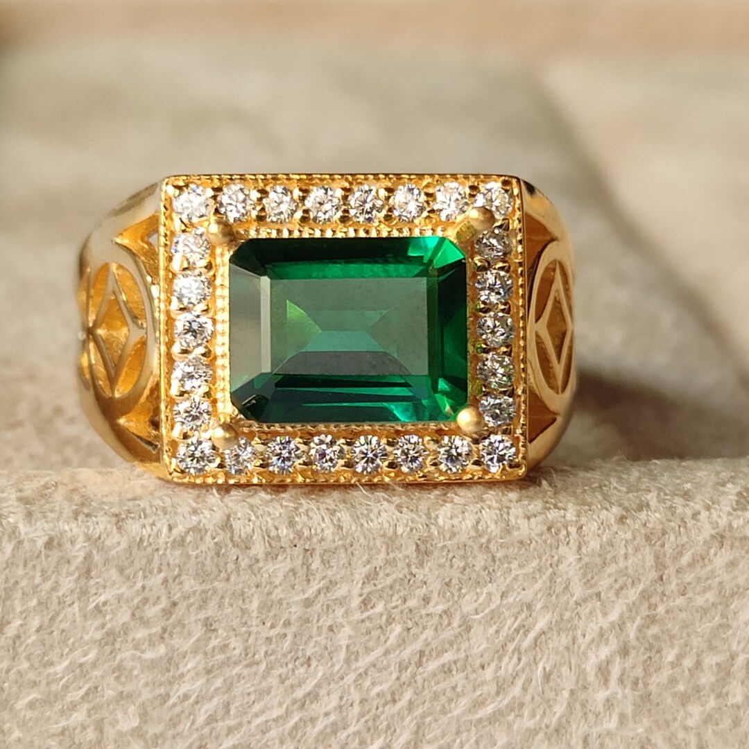 Lab Emerald 14K Yellow Gold Mens Ring, Emerald Gold Ring, Wedding & Engagement Ring, Hand Made ...