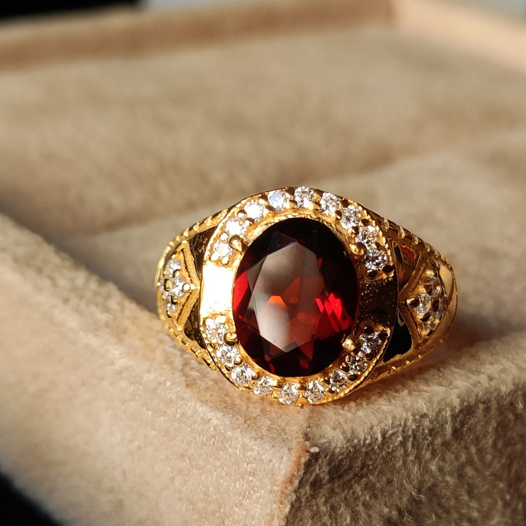 Natural Garnet Men Ring With 14k Solid Yellow Gold Oval Shape Gemstone ...