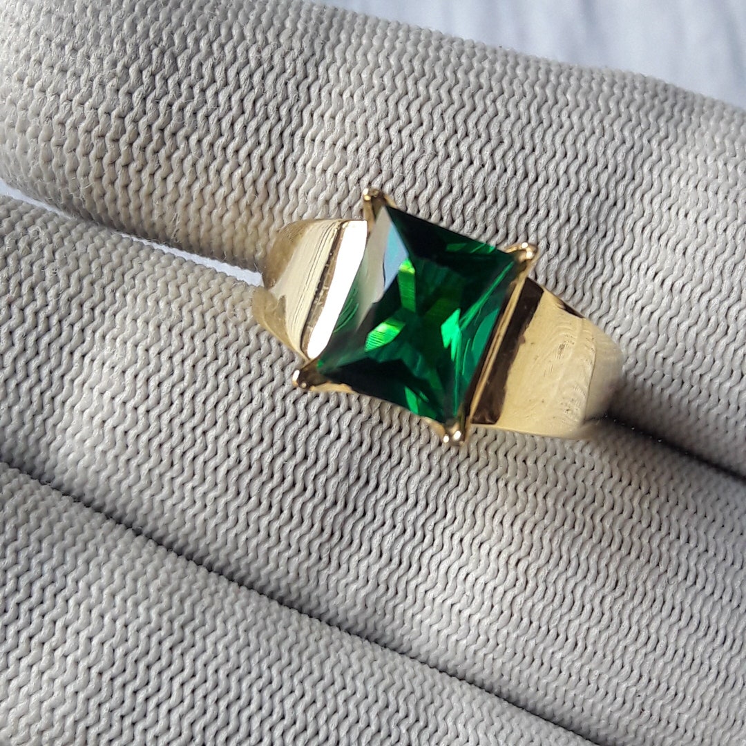 Lab Emerald 14K Yellow Gold Mens Ring, Emerald Gold Ring, Wedding ...