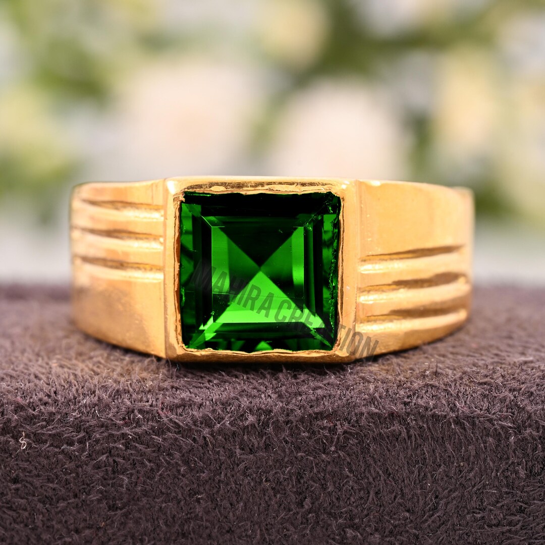 Lab Emerald Men Ring With 14k Solid Yellow Gold Red Gemstone ...