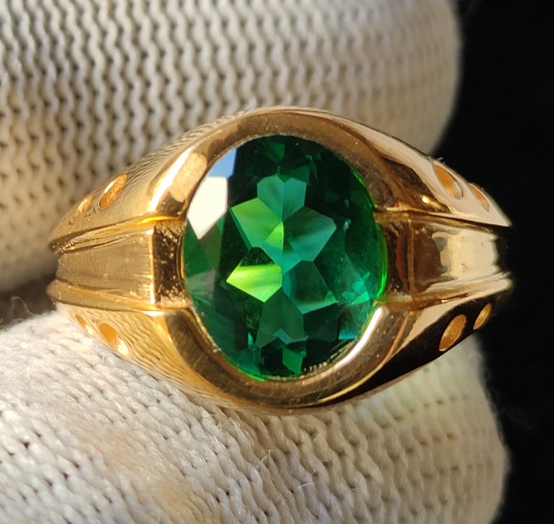 Lab Emerald Men Ring, 14K Yellow Gold Gemstone Men Ring, Gold Ring for ...