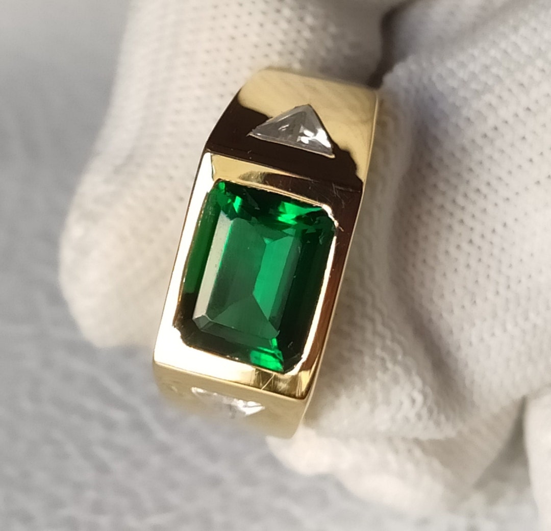 Men's Lab Emerald Ring, 925 Sterling Silver Yellow Gold Plated, Man's ...