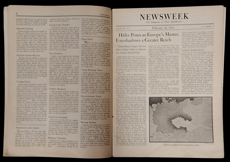 NEWSWEEK Magazine February 28, 1938 Vol. Xi No. 9 Adolf HITLER & Benito ...