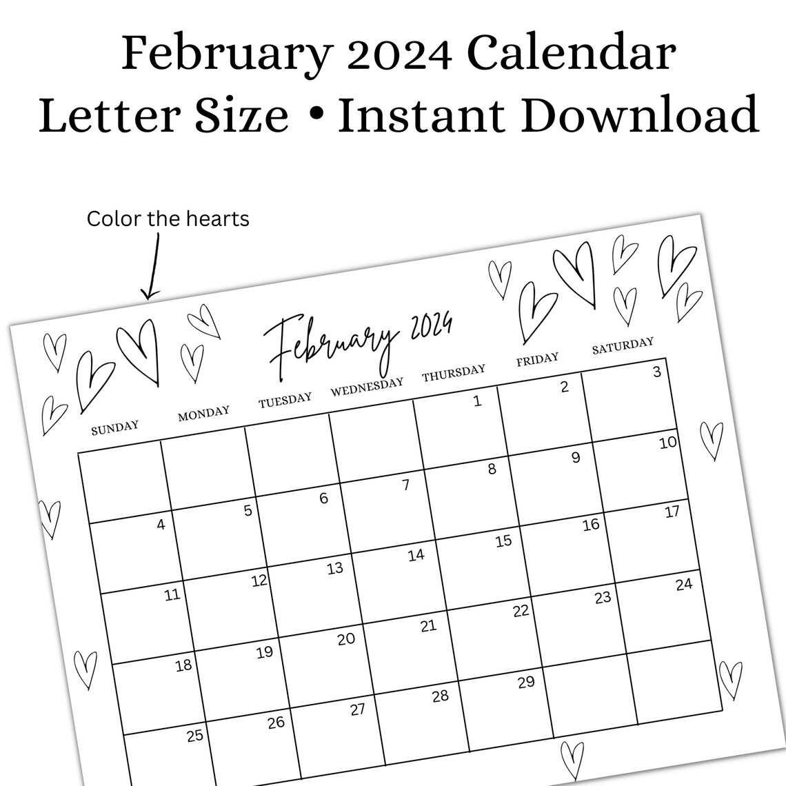 February 2024 Calendar, Digital Download, Calendar 2024, Sunday Start ...