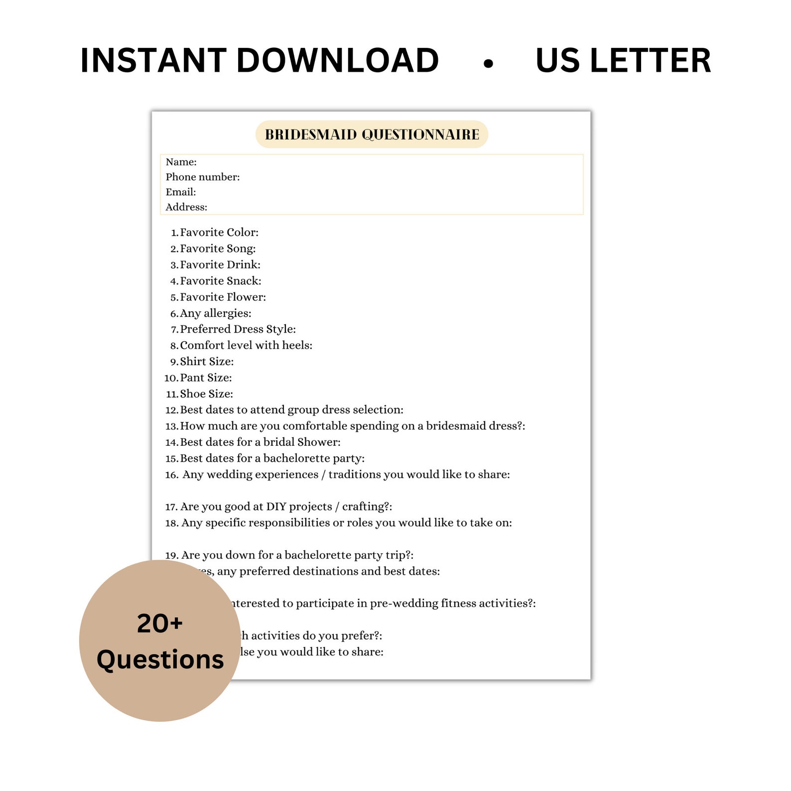 Bridesmaid Questionnaire, Wedding Planning Printable, Bridesmaid ...