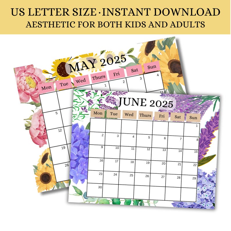 2025 Calendar, Printable Calendar 2025, Floral Themed Calendar 2025 ...