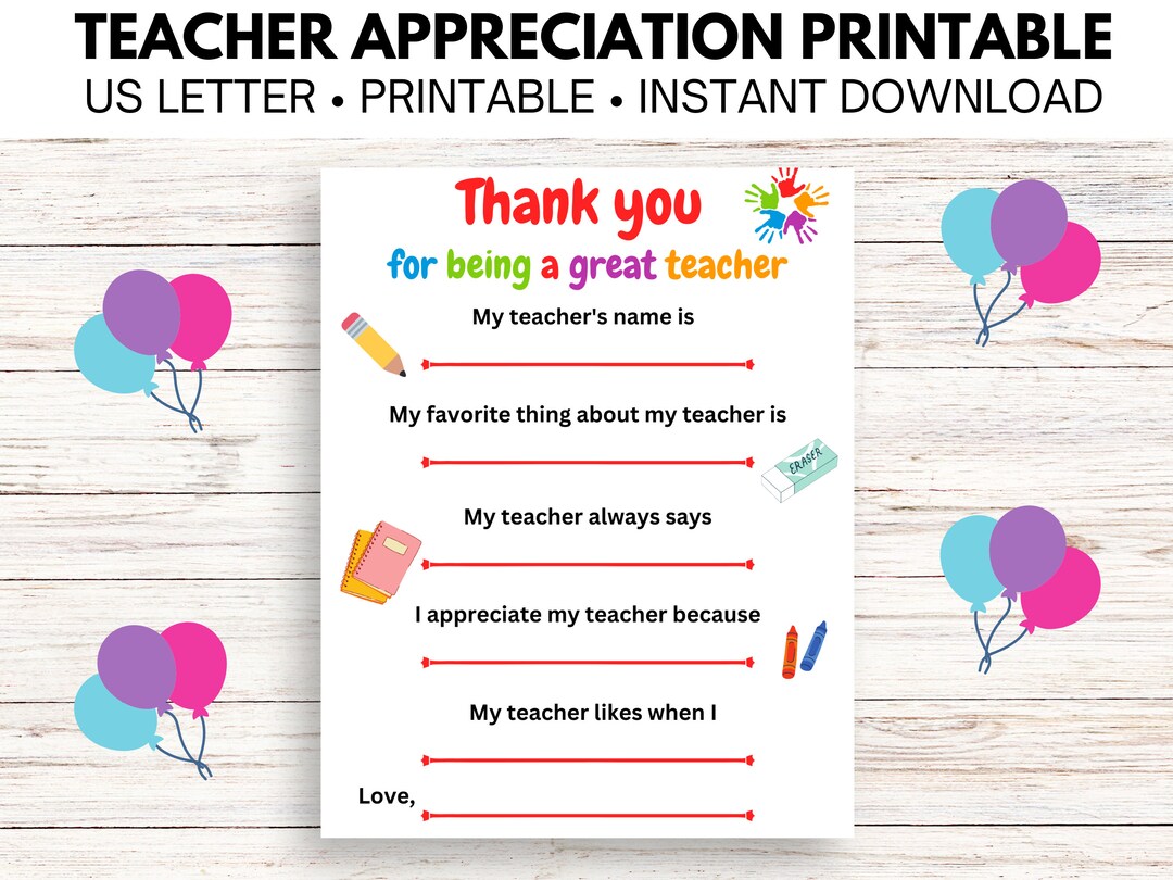 Teacher Appreciation Week Printable, Thank You Teacher Printable ...