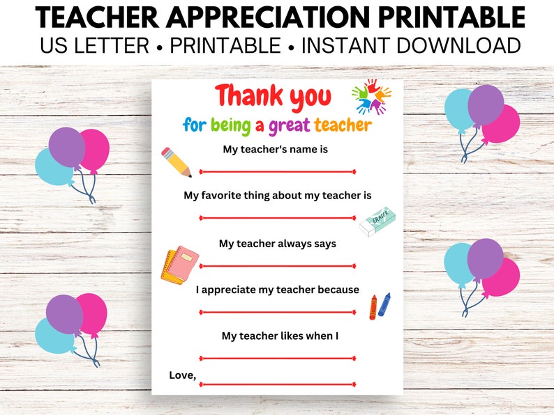 Teacher Appreciation Week Printable, Thank You Teacher Printable ...