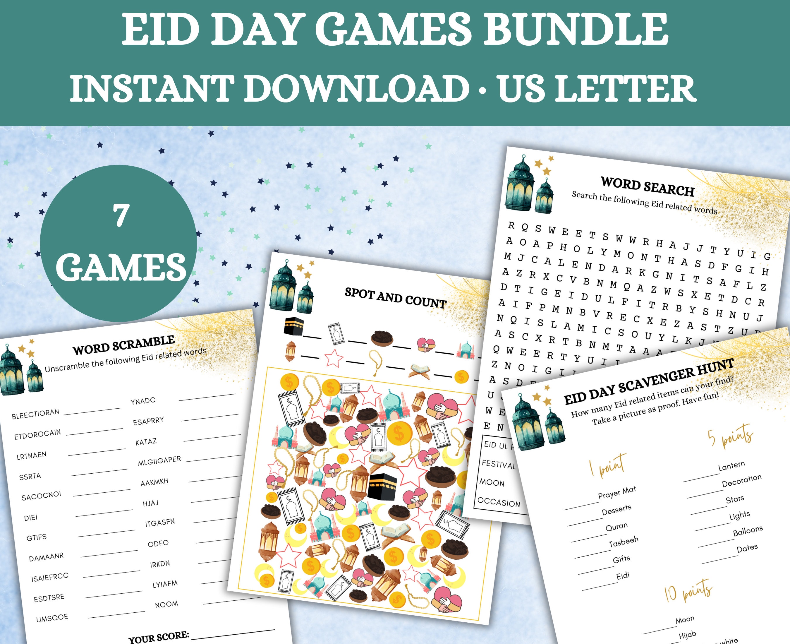 Eid Day Games Bundle, Eid Day Games for Kids, Eid Scavenger Hunt, Word ...