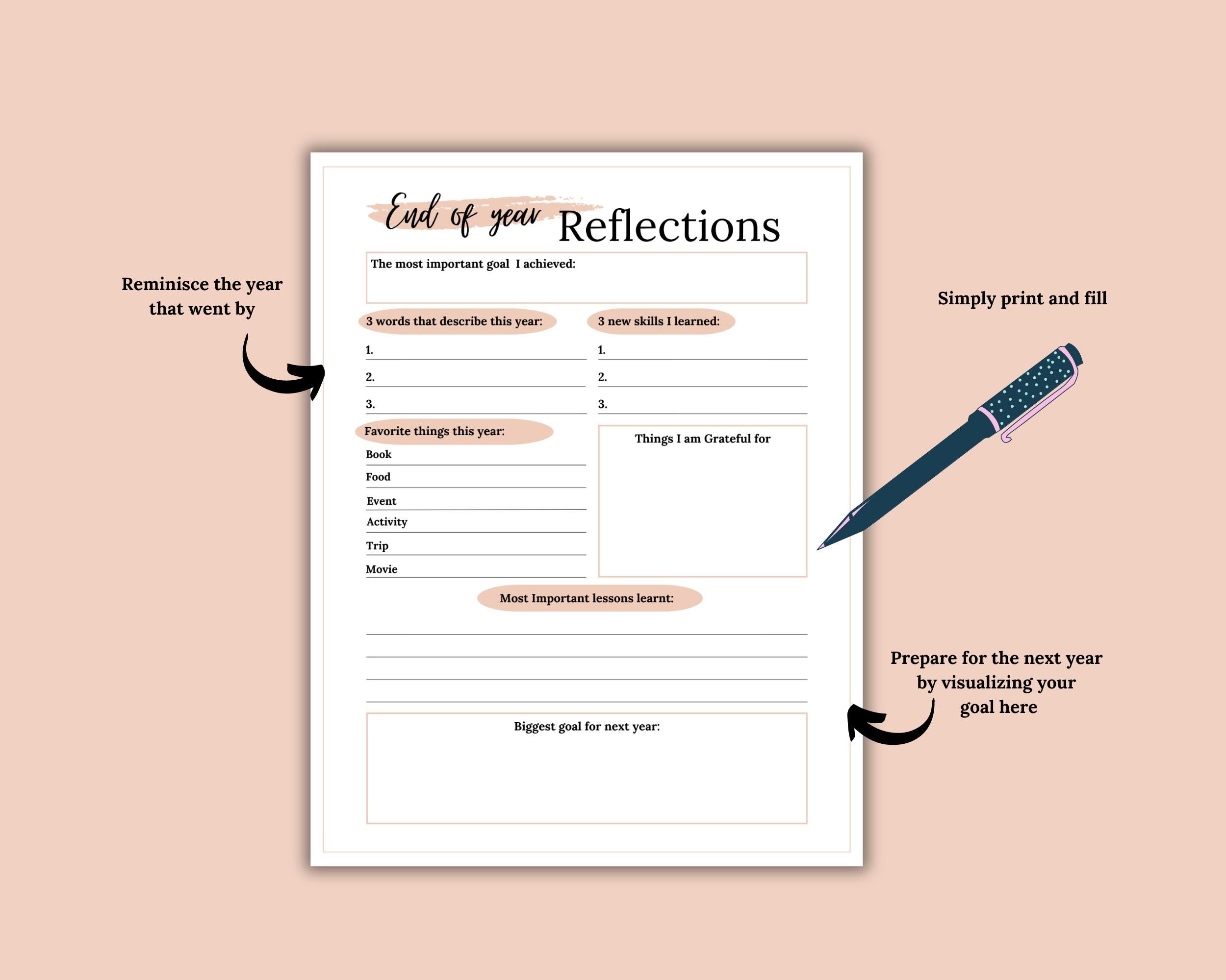 End of Year Gratitude Printable, End of Year Review, Gratitude Journal Digital, Yearly ...