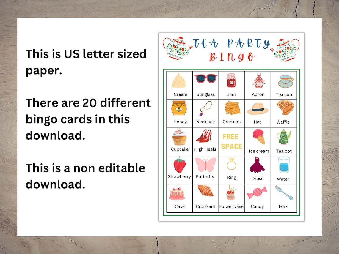 Tea Party Bingo Cards, Tea Party Games, Tea Time Game Printable, Tea ...