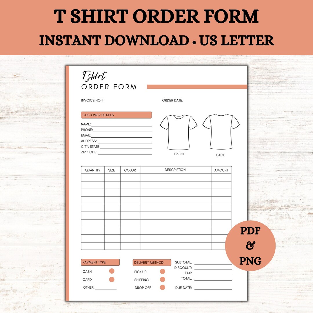 Tshirt Order Form Printable, Purchase Order Form, Shirt Order Form ...