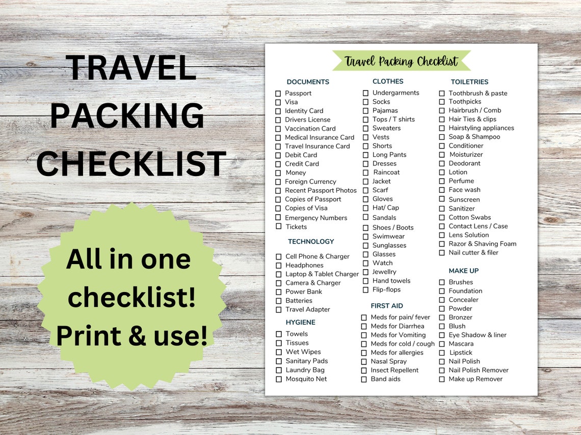 Travel Packing Checklist Printable, Travel Packing List, Packing ...