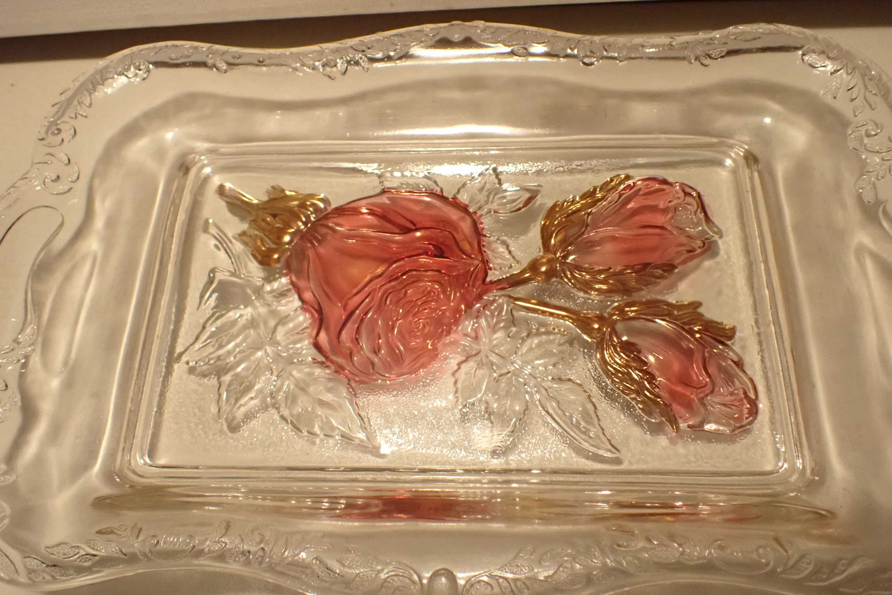 Vintage 11 Clear and Red Rose Glass Dress or Bathroom Tray Beautiful - Etsy